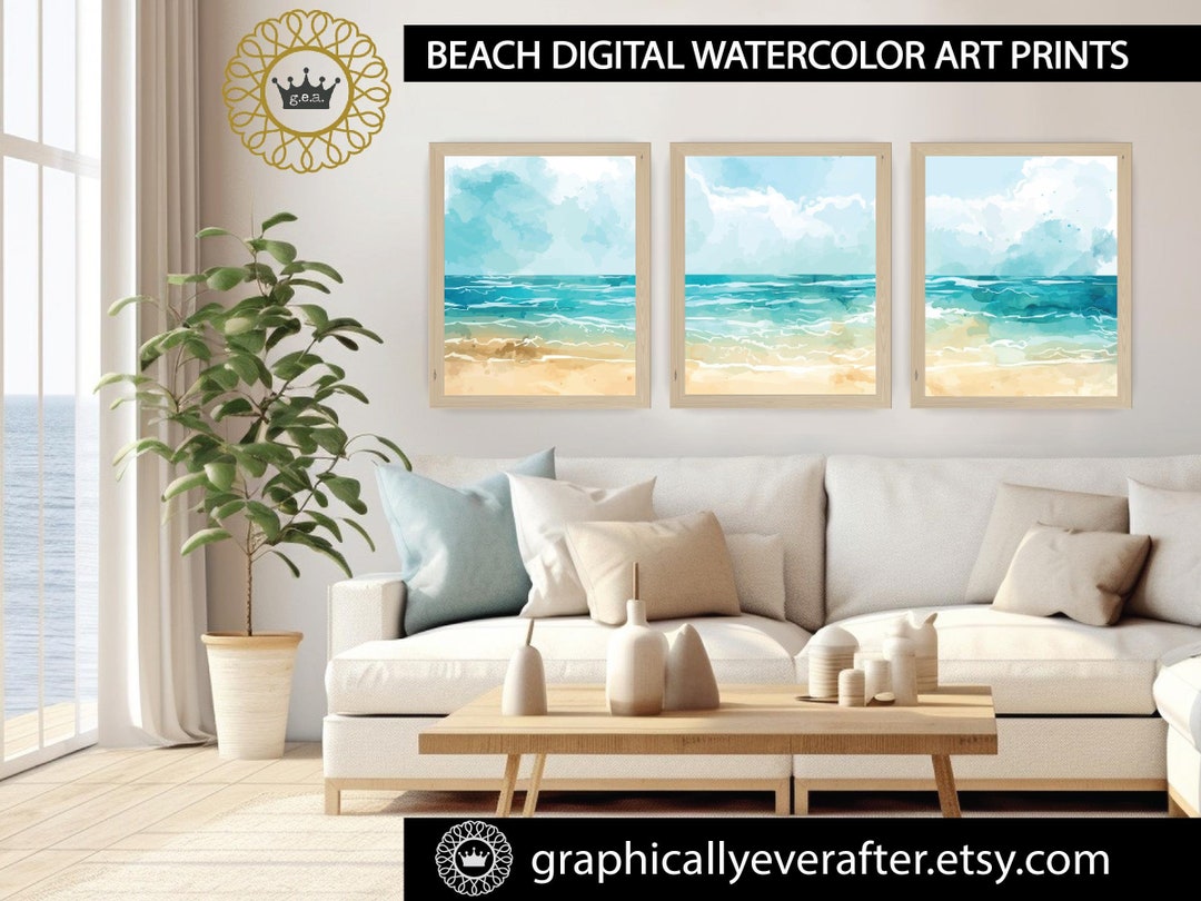 Beach Watercolor Art Prints, Coastal Panoramic Ocean Posters Qty 3 ...