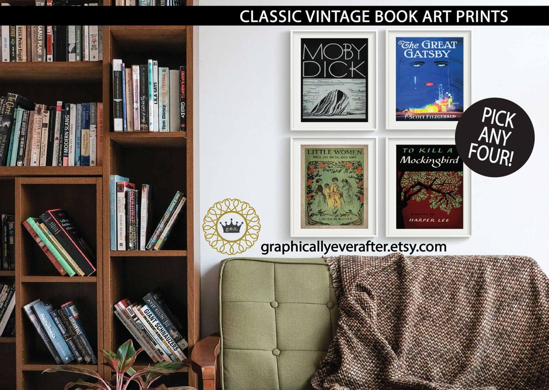 Classic Book Cover Art Prints, Vintage Book Posters UNFRAMED Qty 4 Book ...