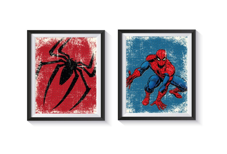 Retro Spider-man and Logo Distressed Art Prints UNFRAMED, Vintage Style ...