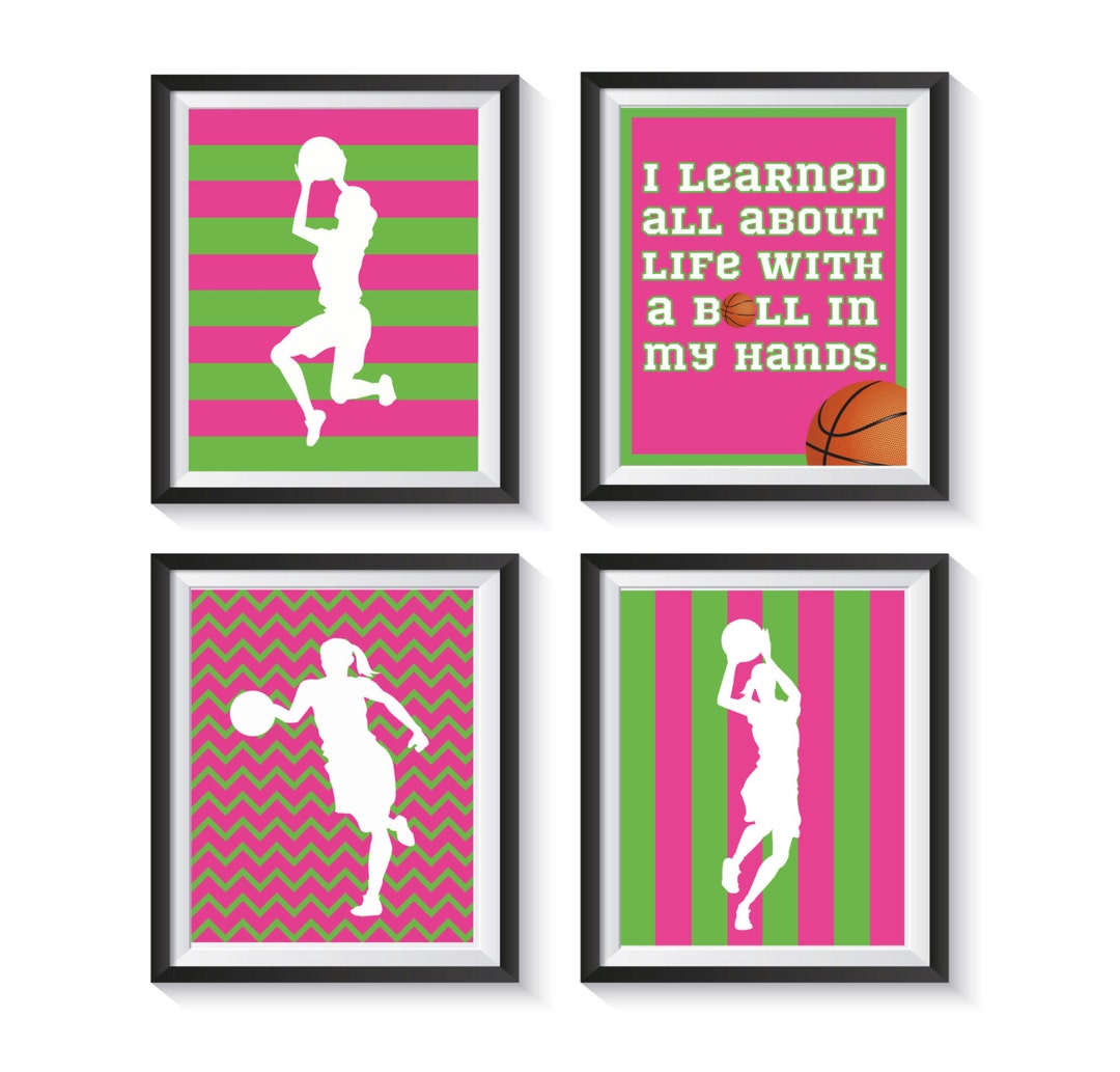 Girls Basketball Art Prints Set - Qty 4 - BEDROOM, PLAYROOM Teen Girls ...