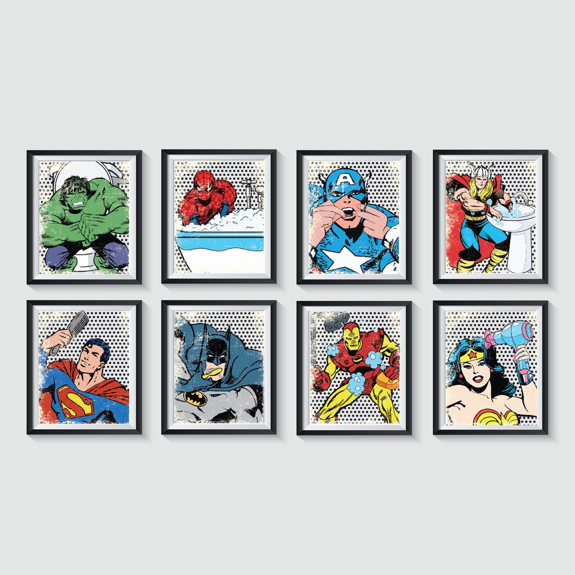 Superhero Bathroom Art Prints Qty 4 Retro Distressed Wall Art | Etsy