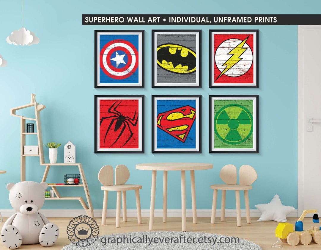 Superhero Wall Art Prints, Qty 6, Boys NURSERY, Kids BEDROOM Posters ...