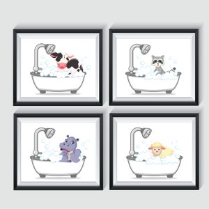 Kids Bathroom Art Prints Cute Animals UNFRAMED Qty 8 Wall Decor ...