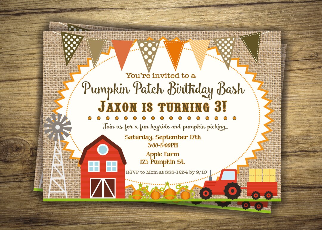 Fall Pumpkin Patch Birthday Invitation Kids Boy Girl Hayride Farm 3rd ...