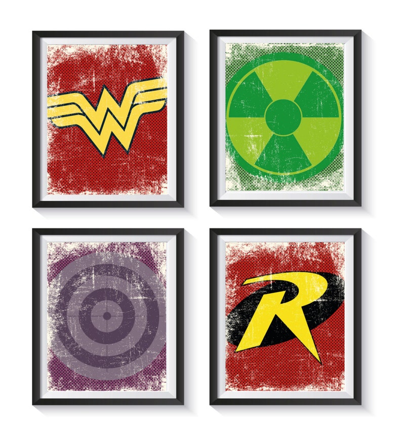 Retro Superhero Logo Distressed Art Prints, Vintage Boys Bedroom Wall ...