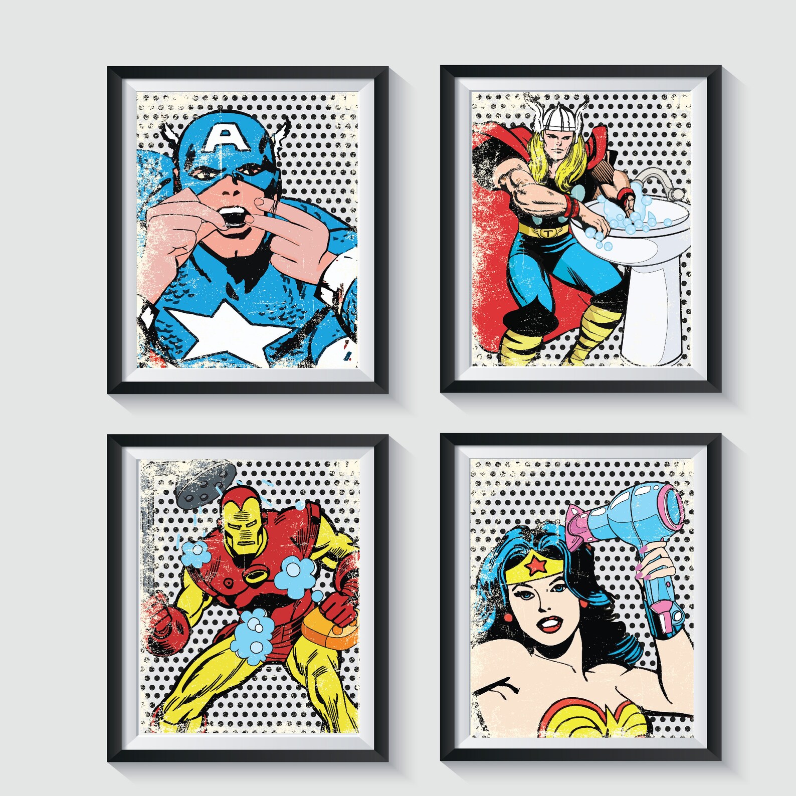 Superhero Bathroom Art Prints Qty 4 Retro Distressed Wall Art | Etsy