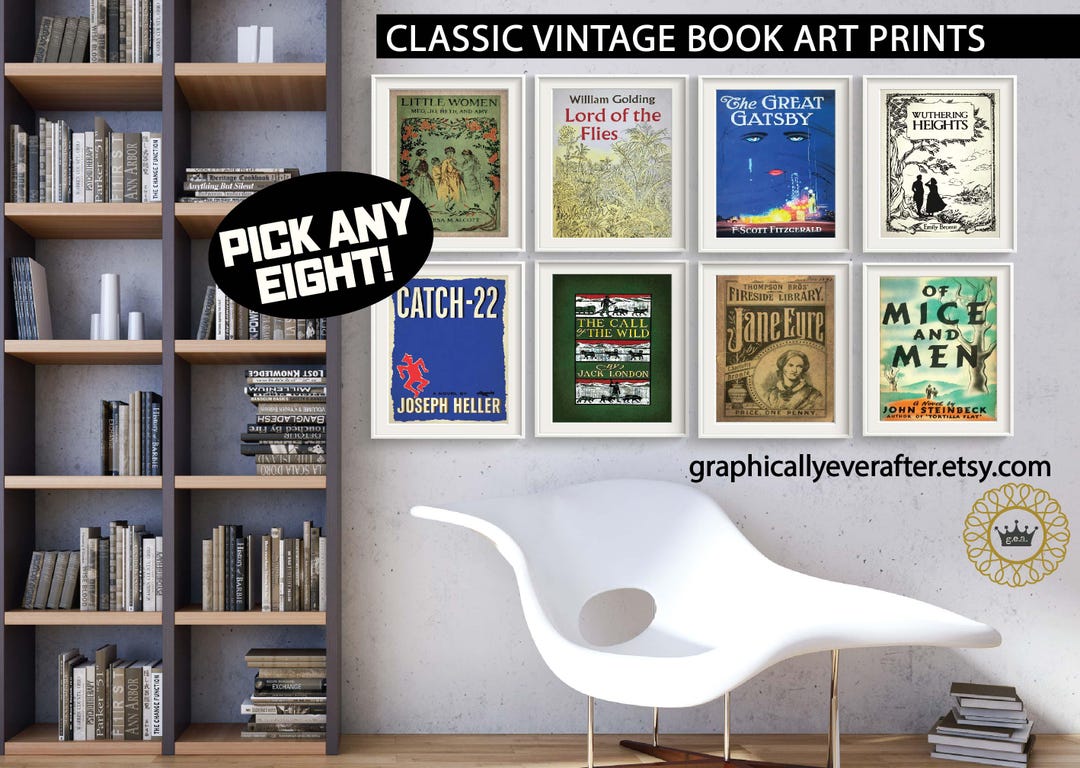 Vintage Book Cover Art Prints, Classic Books Art Posters UNFRAMED Qty 8 ...