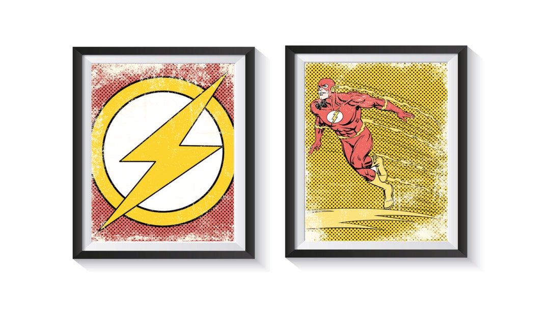 Retro Flash and Logo Distressed, Vintage Style Superhero Art Print Set ...