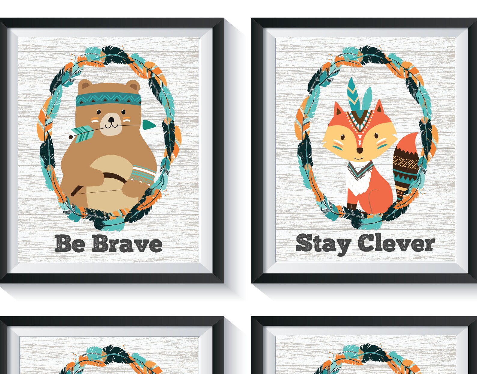 Tribal Woodland Animals Unframed Art Prints Set Qty 4 Gender - Etsy