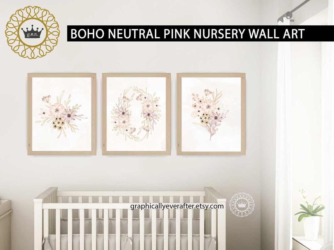Neutral Boho Wildflowers Nursery Art, Set of 3 Boho Wildflowers Bouquet ...