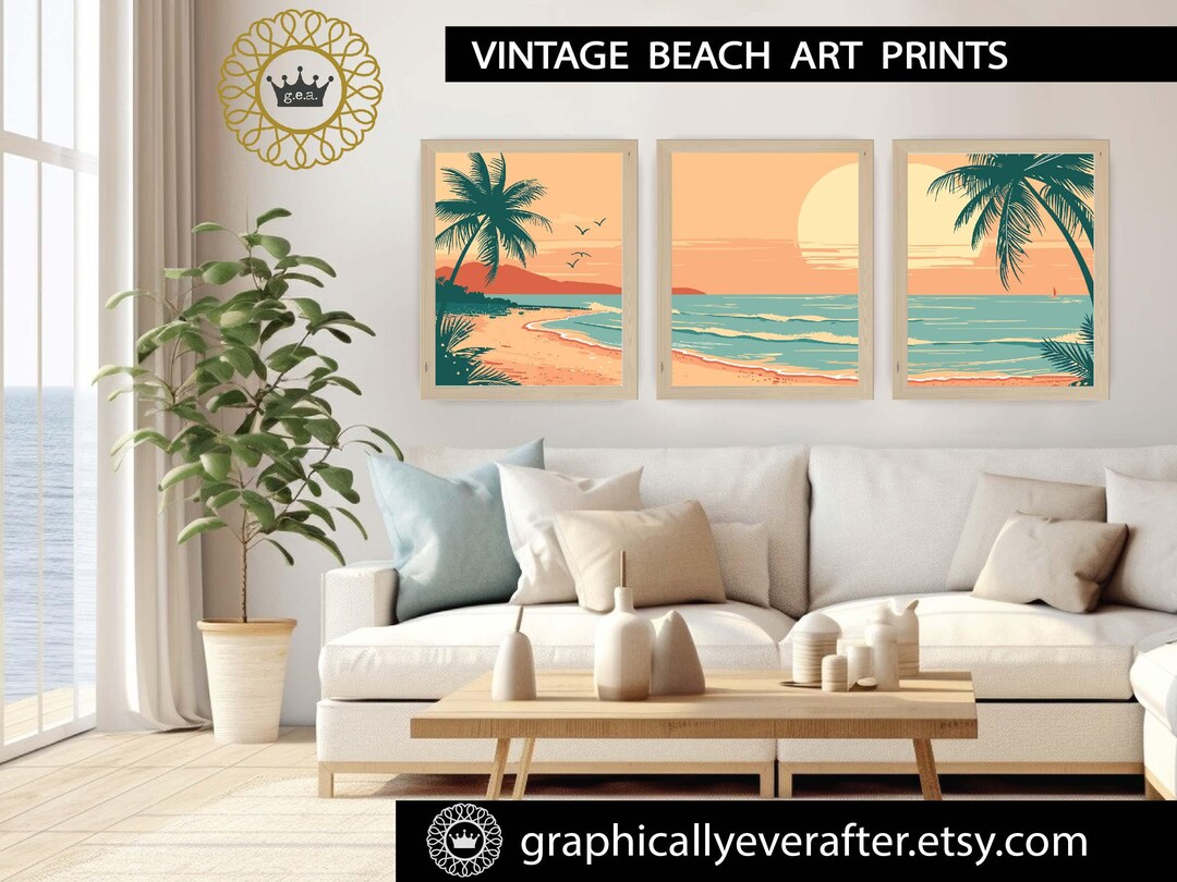 Vintage Beach Sunset Art Prints, Coastal Boho Minimalist Posters Qty 3 ...