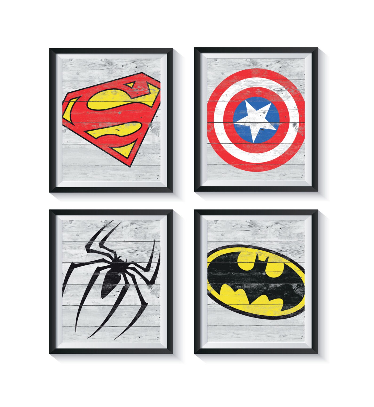 Superhero Logo Distressed White Wood Art Print Set Qty 4 | Etsy