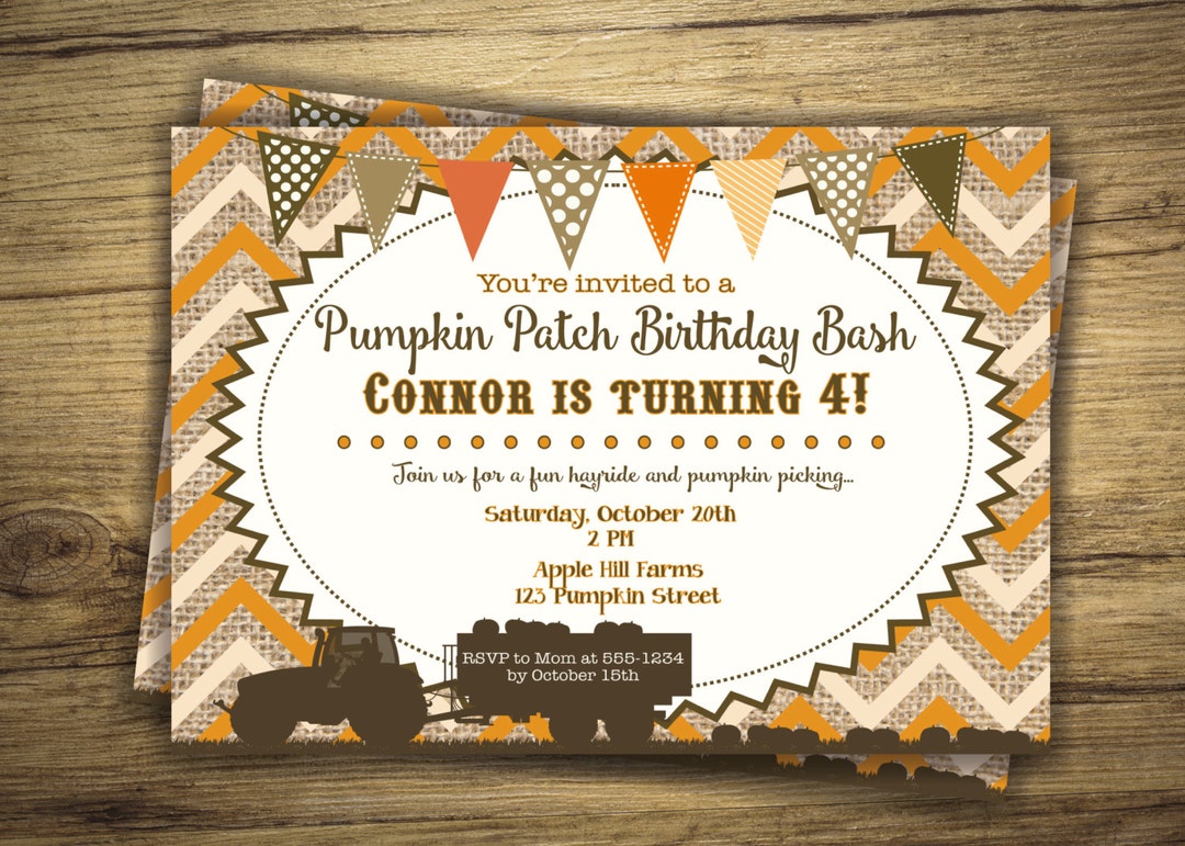Fall Pumpkin Patch Birthday Invitation Hayride Farm Autumn Harvest Party Invite Burlap