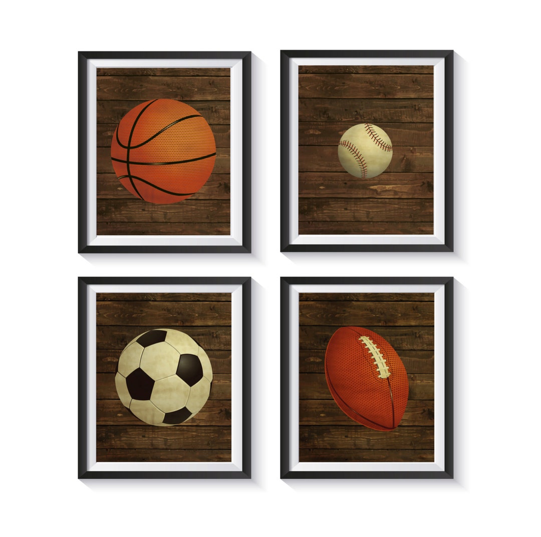 Rustic Sports Balls Art Prints Qty 4 Retro Wood Teen Tween Bedroom ...