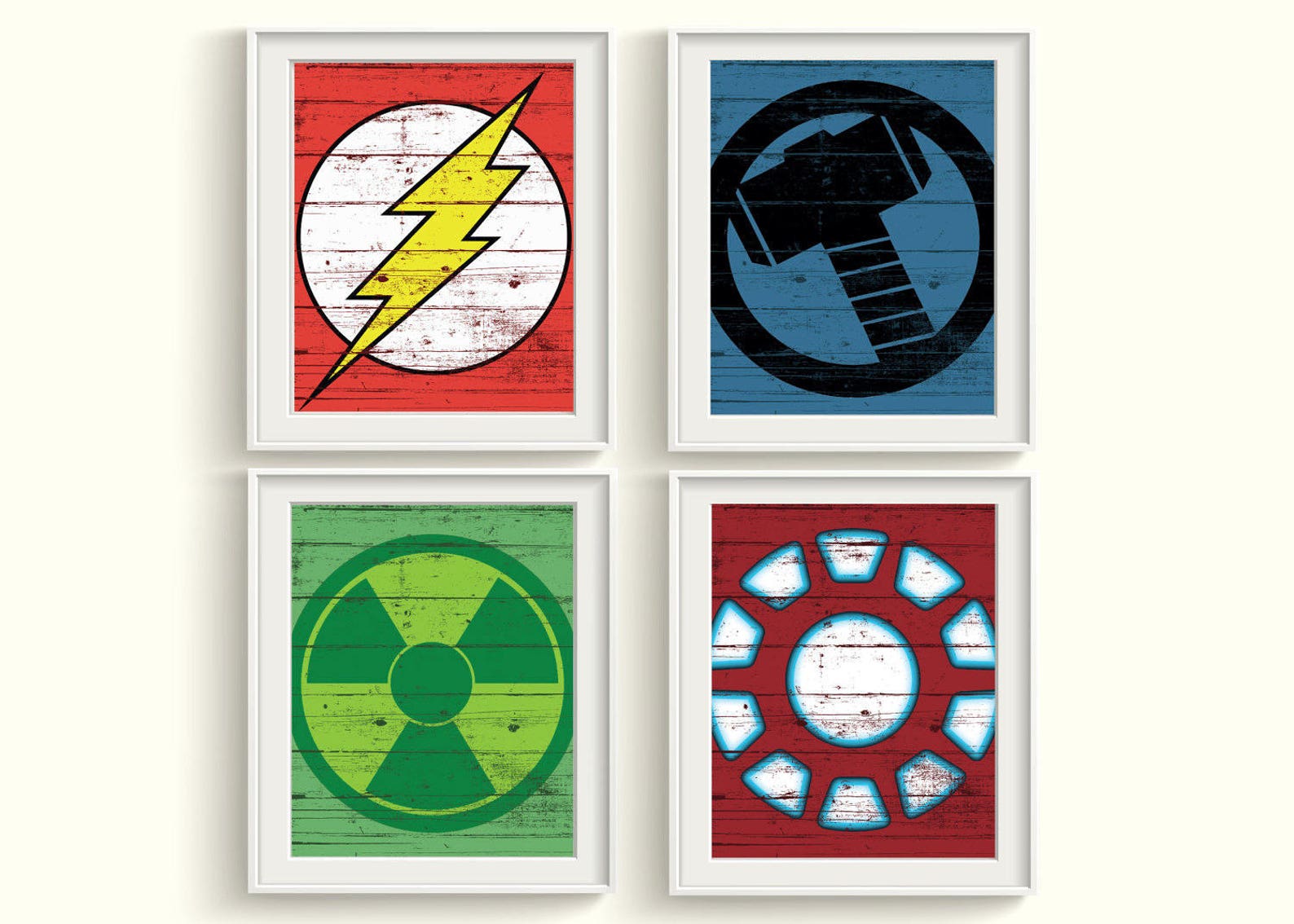 Superhero Logo Distressed Wood Art Print Set Qty 8 | Etsy