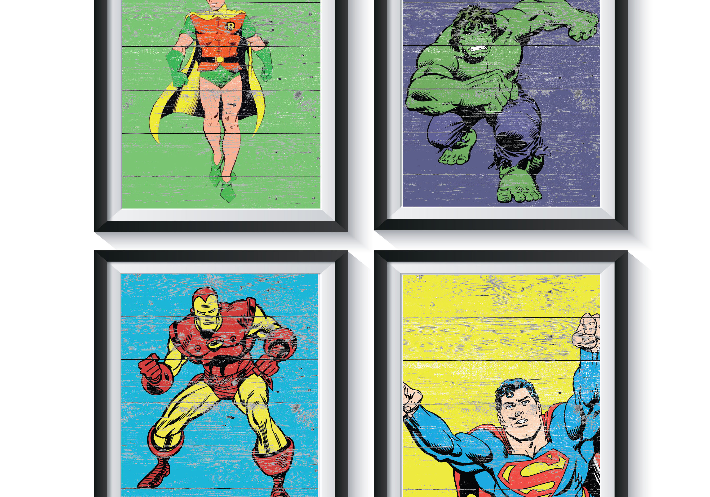 Retro Superhero Rustic Wood Art Prints Qty 8 Vintage NURSERY BEDROOM ...