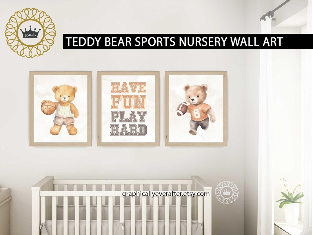 Teddy Bear Sports Nursery Art Prints, Set of 3 Kids Basketball Football ...