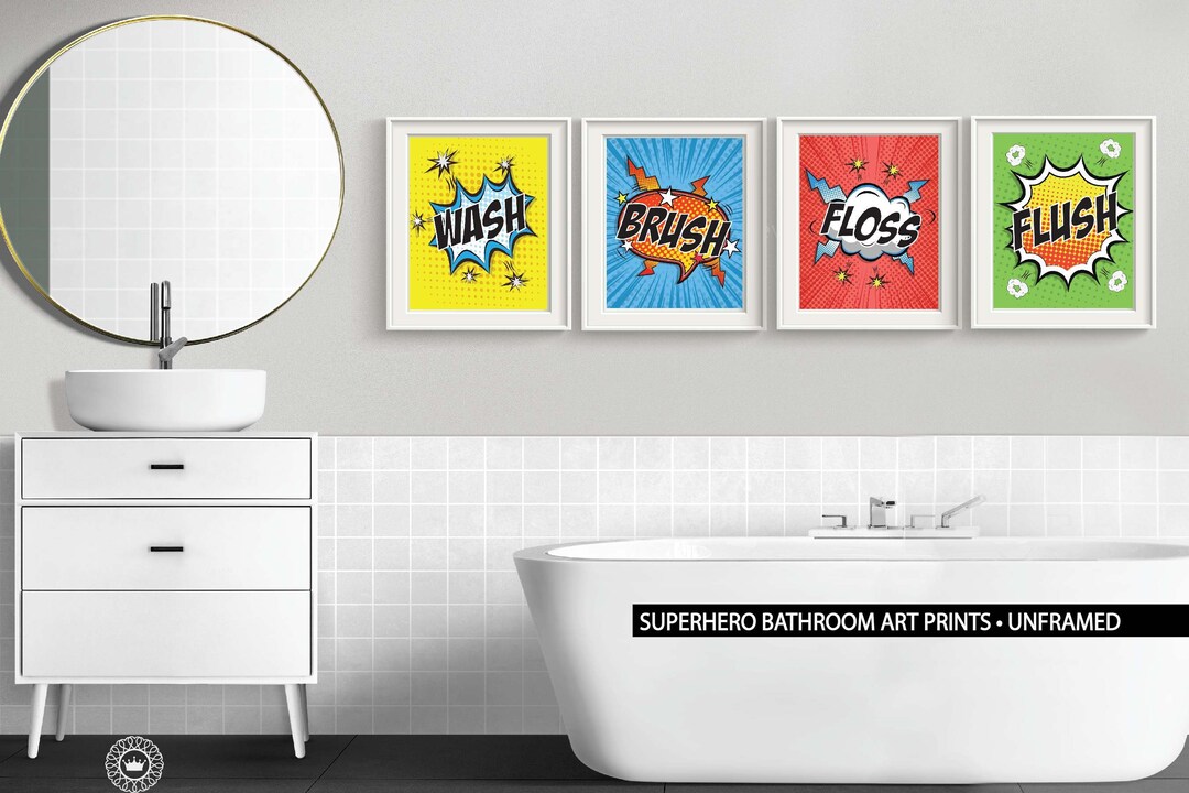 Kids Superhero Bathroom Art Prints Qty 4, Boys Superhero Bathroom Decor ...