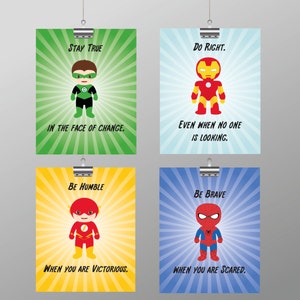 Cute Superhero Wall Art Prints Qty 8 Boys Nursery Decor Playroom Big ...
