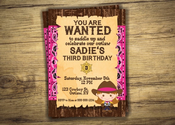 Cowgirl Birthday Party Invitation Sheriff Western Outlaw - Etsy