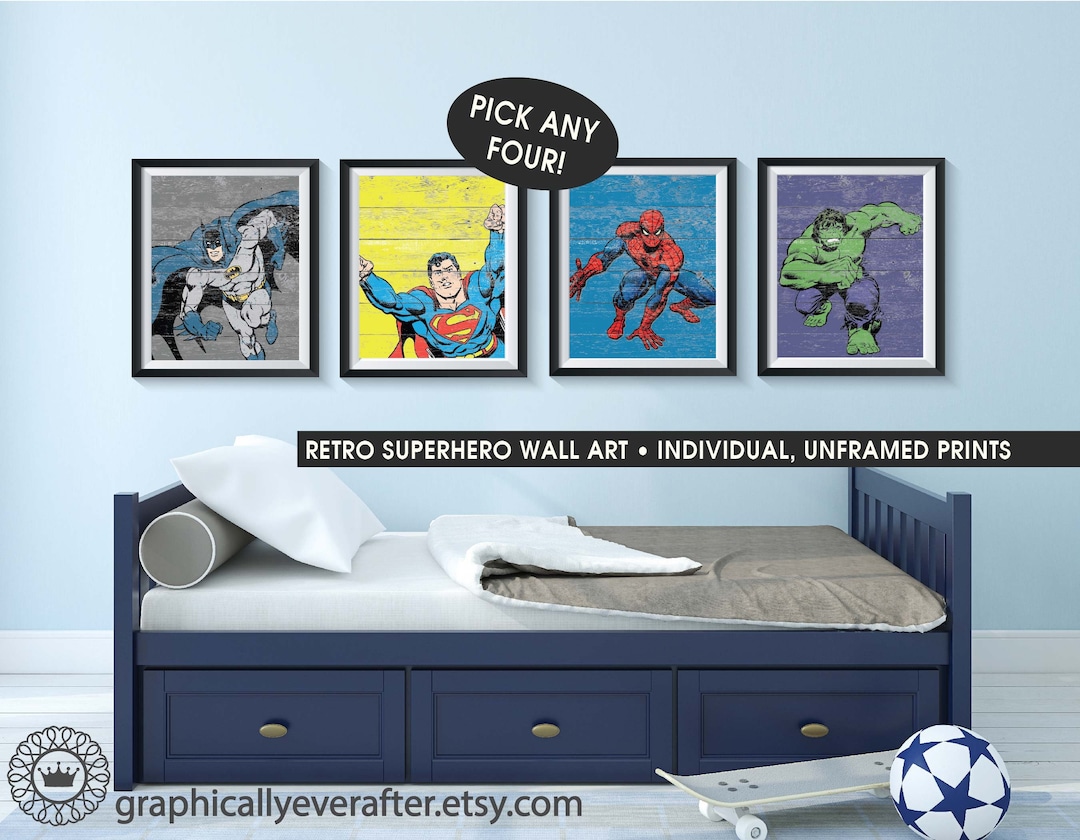 Superhero Bedroom Wall Art Prints, Boys Retro Superhero Posters, Qty 4 ...
