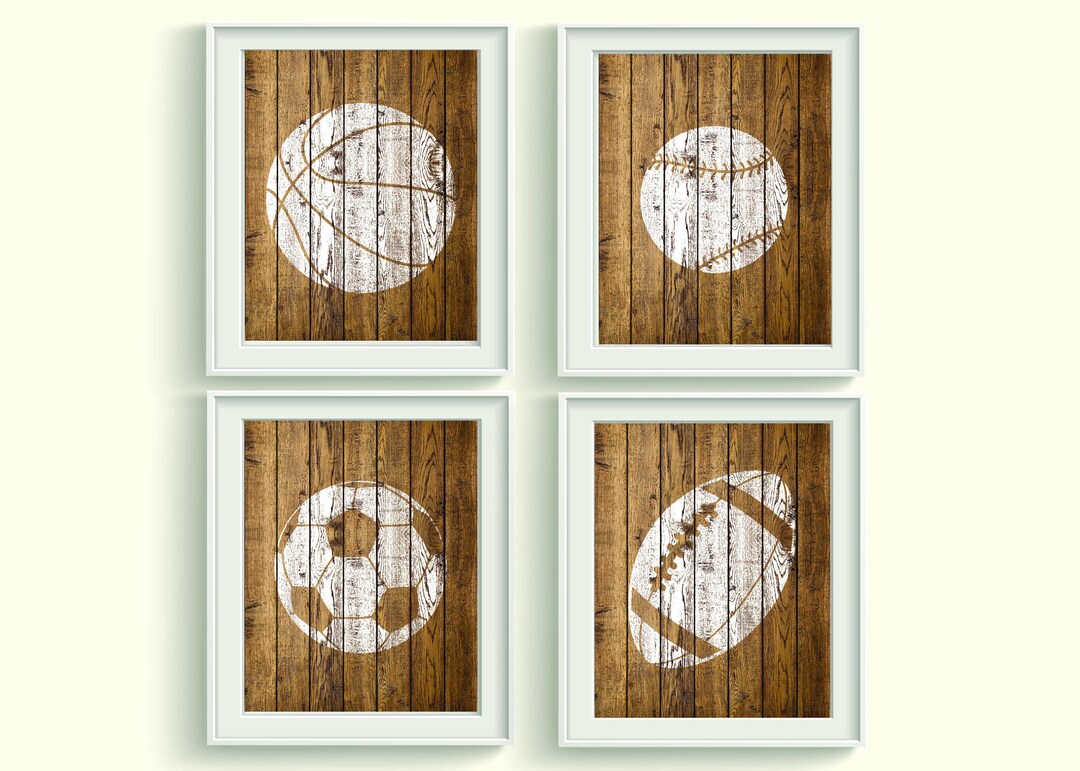 Boys Sports Balls Art Prints Qty 4 Rustic Wood Distressed Tween BEDROOM ...