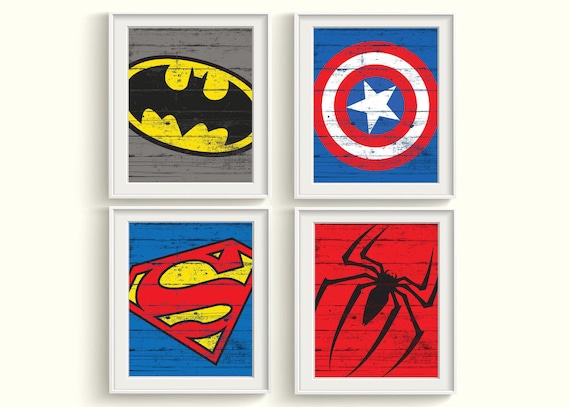 Superhero Logo Distressed Wood Art Print Set Qty 2 NURSERY | Etsy