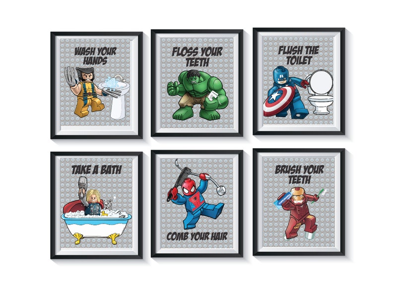 Superhero Bathroom Art Prints Qty 6 Wall Decor Boy Avengers Spider-man ...
