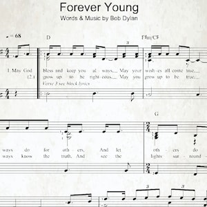 Forever Young Music Sheet Art, Print Bob Dylan Lyrics, BEDROOM, NURSERY ...