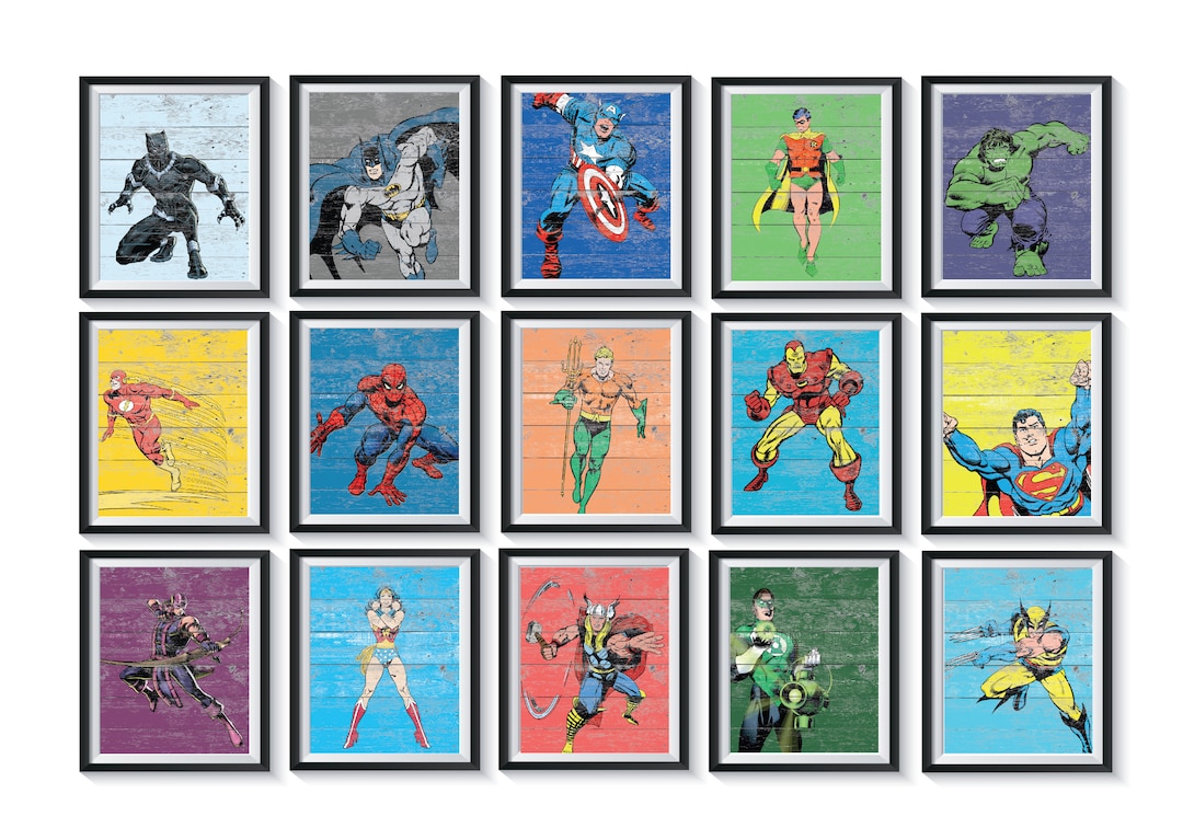 Retro Superhero Rustic Wood Art Prints Qty 5 Vintage NURSERY BEDROOM ...