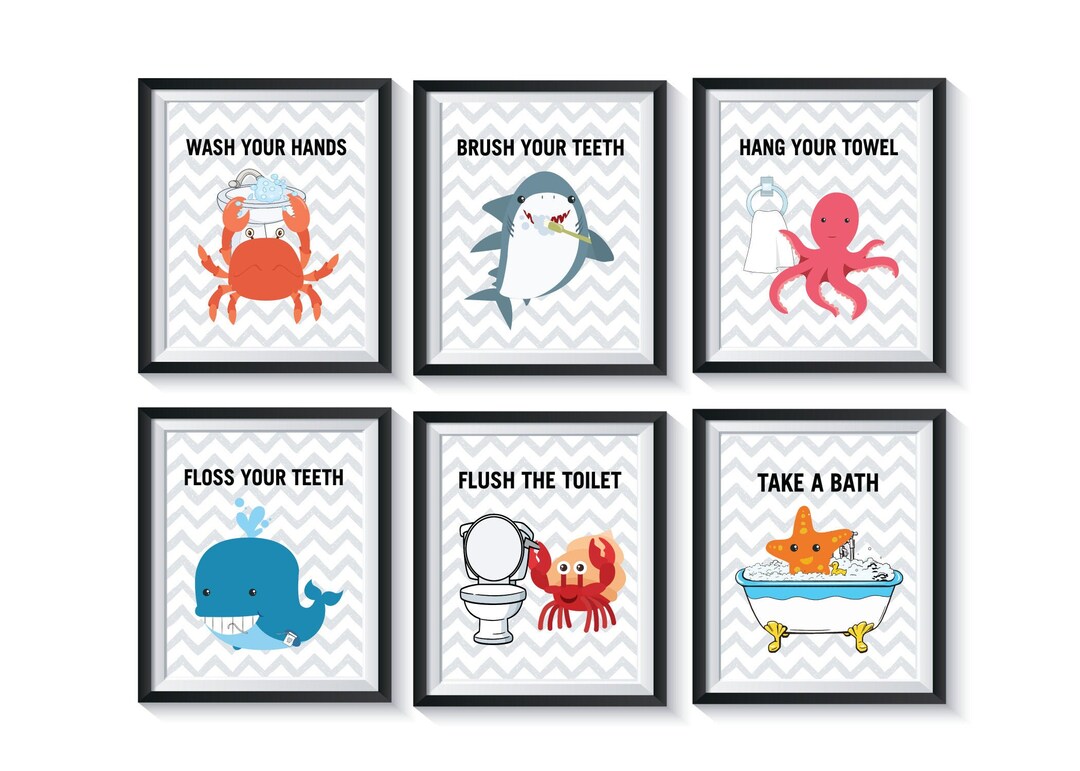 Sea Animals Kids Modern Bathroom Wall Art Prints Qty 4 Ocean Beach ...