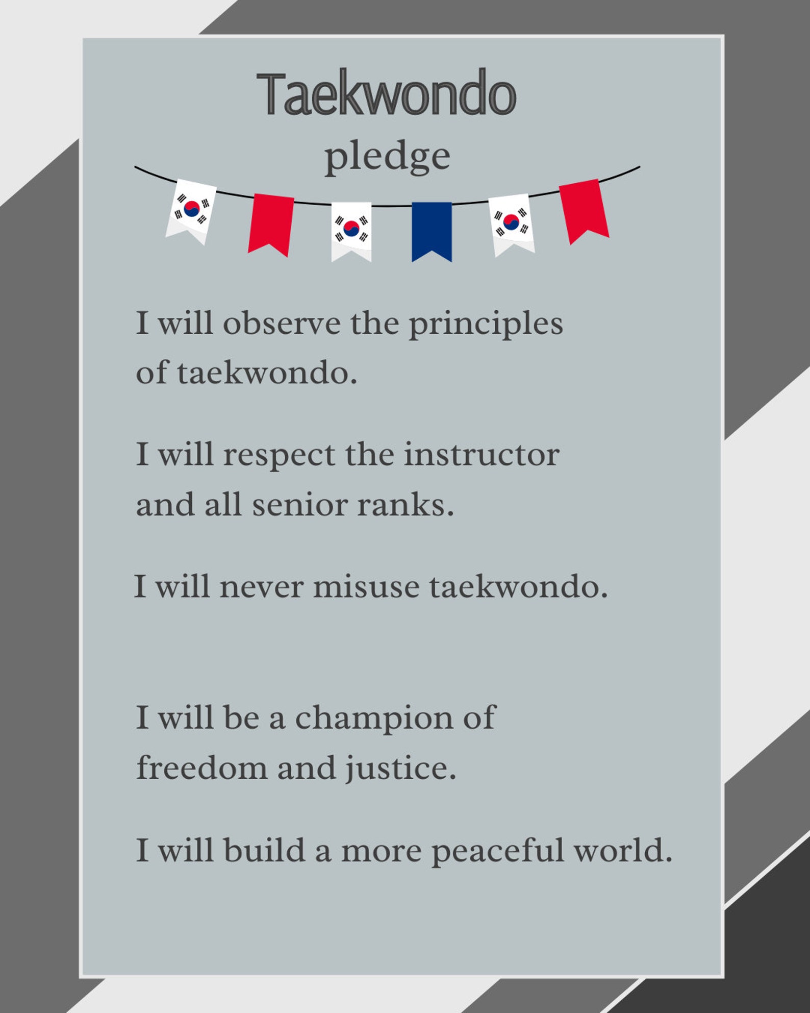 Taekwondo Pledge Printable Flyer ~ Martial Arts ~ Frameable ~ Laminate ...