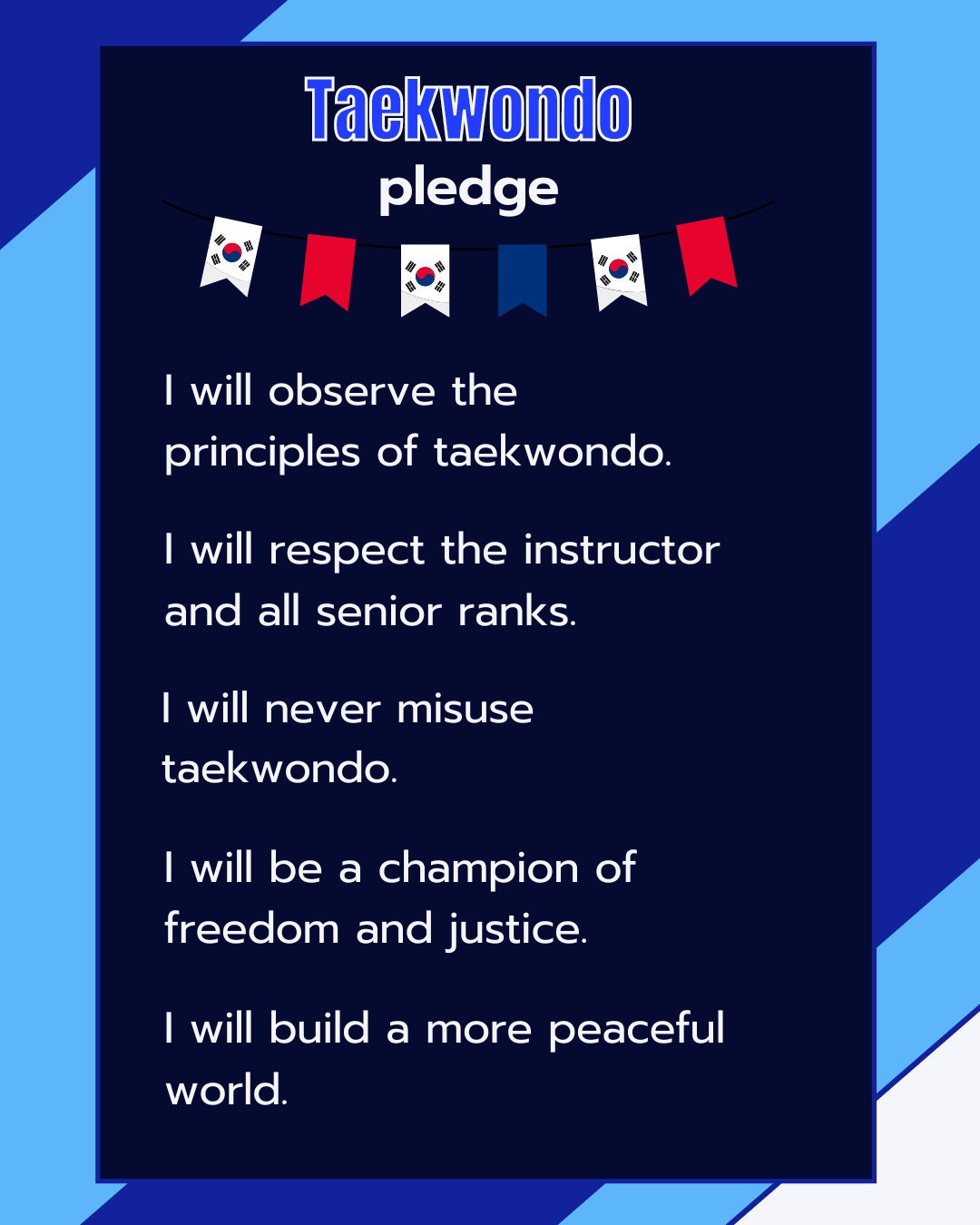 Taekwondo Pledge Printable Flyer ~ Martial Arts ~ Frameable ~ Laminate ...