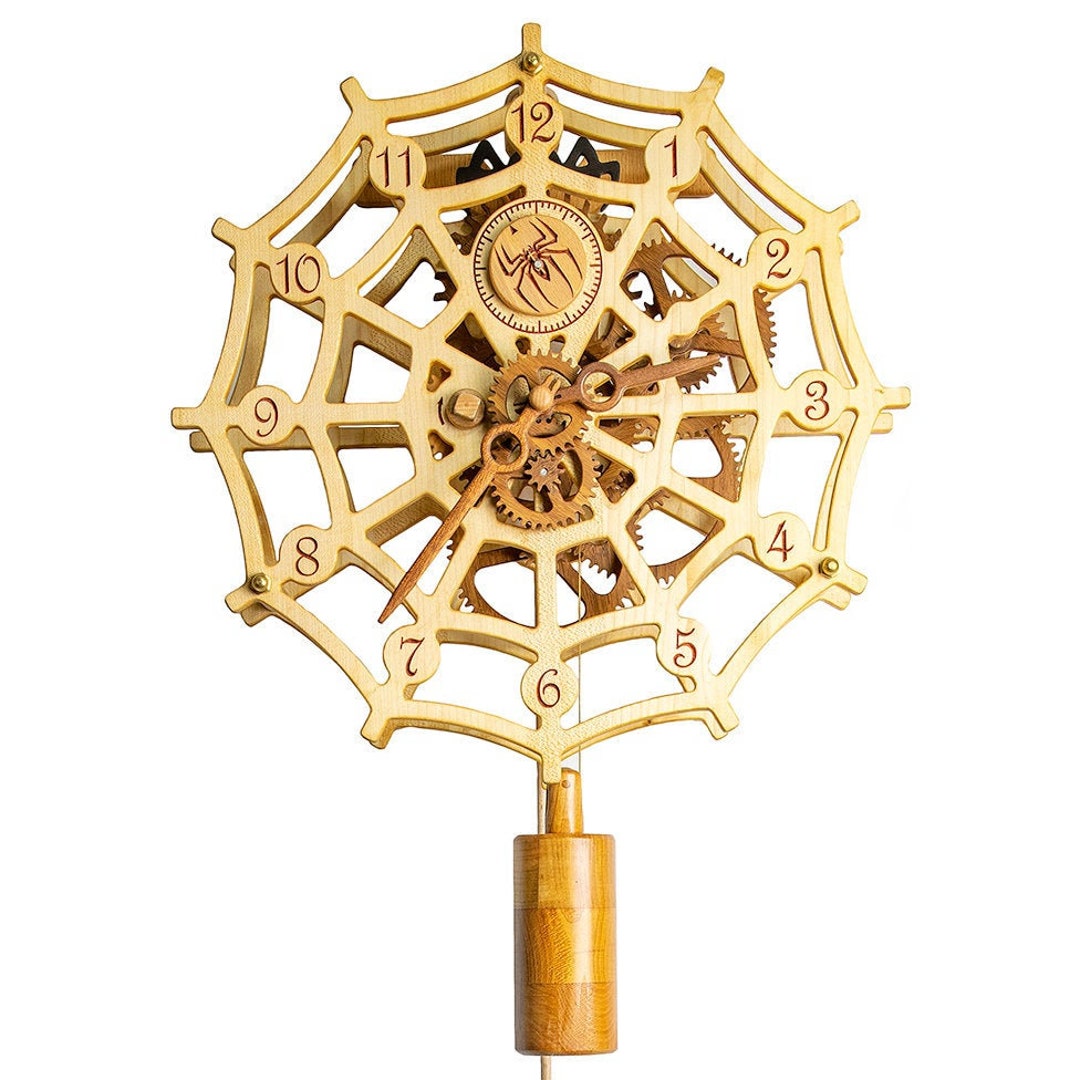 Wooden Wall Clock Spider | Steampunk Pendulum Clock | Wooden Gears ...