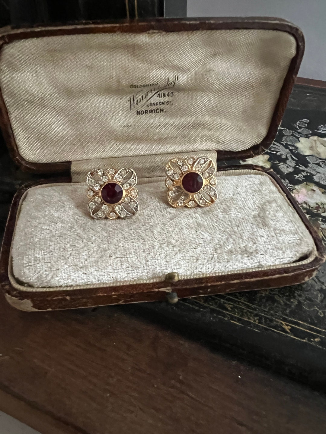 Vintage Ruby Red Round Edged With Smaller Sparkly Crystals. Gold Plated ...