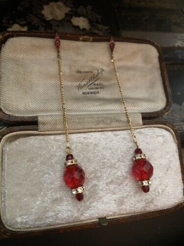 Vintage Gold Ruby Red and Crystal Long Drop Pierced Earrings. - Etsy UK