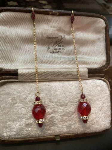 Vintage Gold Ruby Red and Crystal Long Drop Pierced Earrings. - Etsy UK