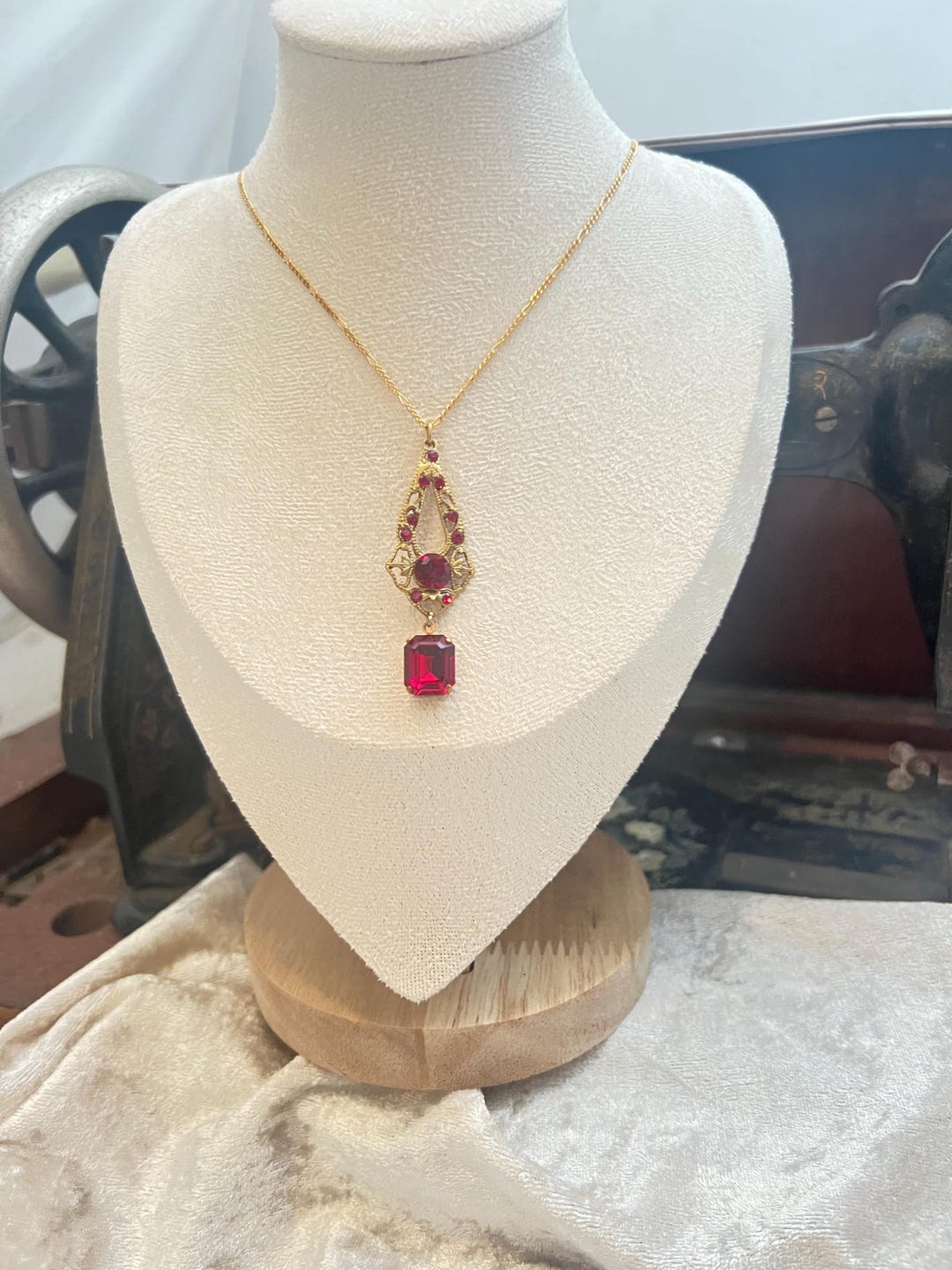 Vintage Ruby Red Rectangle Crystal on a Attractive Filigree Base With ...