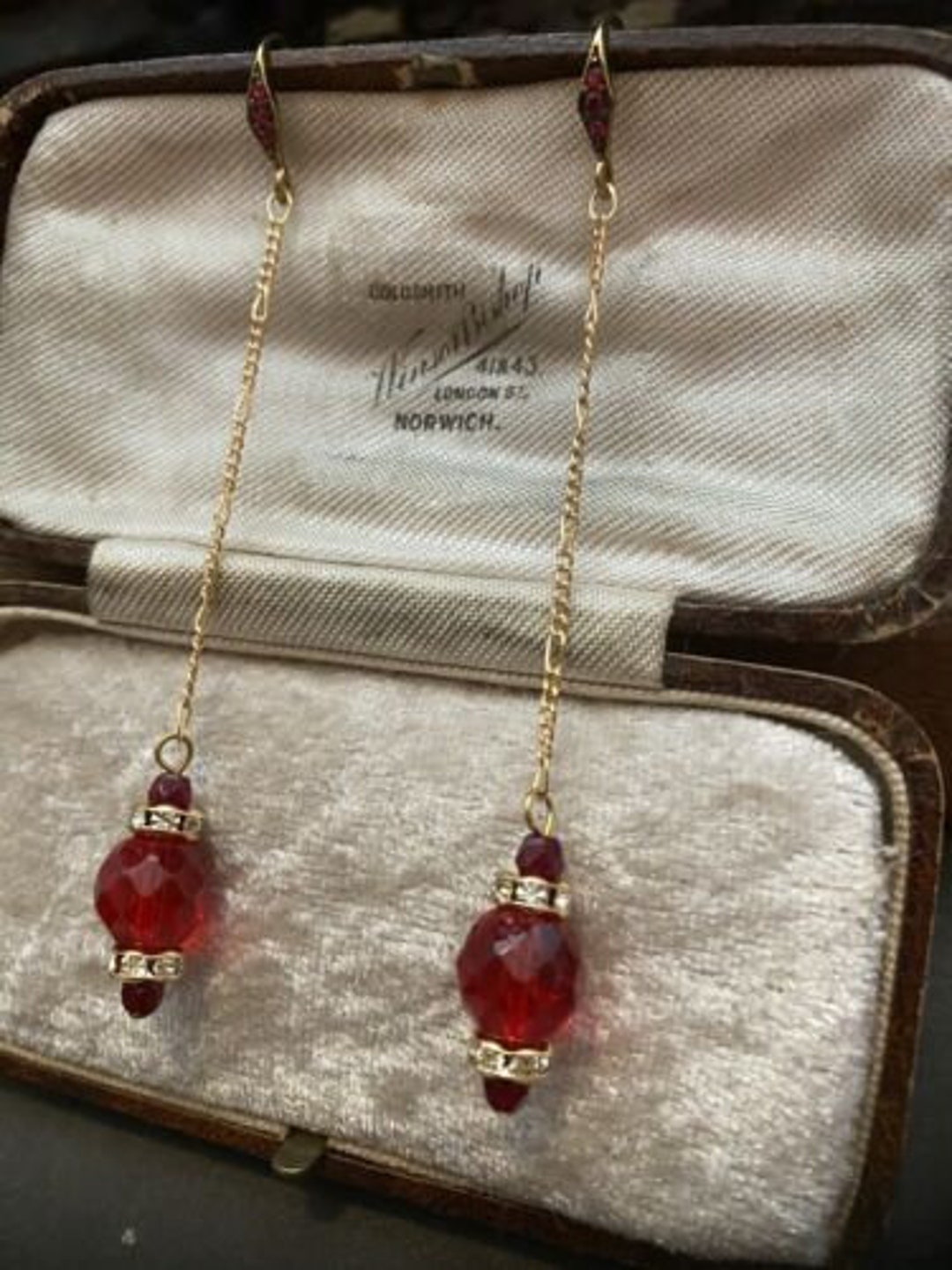 Vintage Gold Ruby Red and Crystal Long Drop Pierced Earrings. - Etsy UK