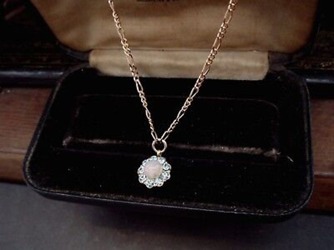 Vintage Fire Opal & Aquamarine Crystal Pendant Necklace Chain Gold ...