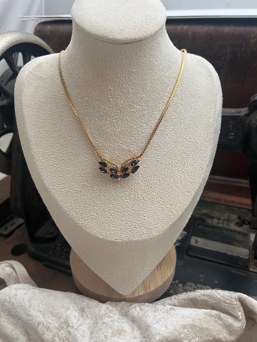 Vintage Sapphire Blue Navette Crystal Necklace, Gold Plated Chain - Etsy UK
