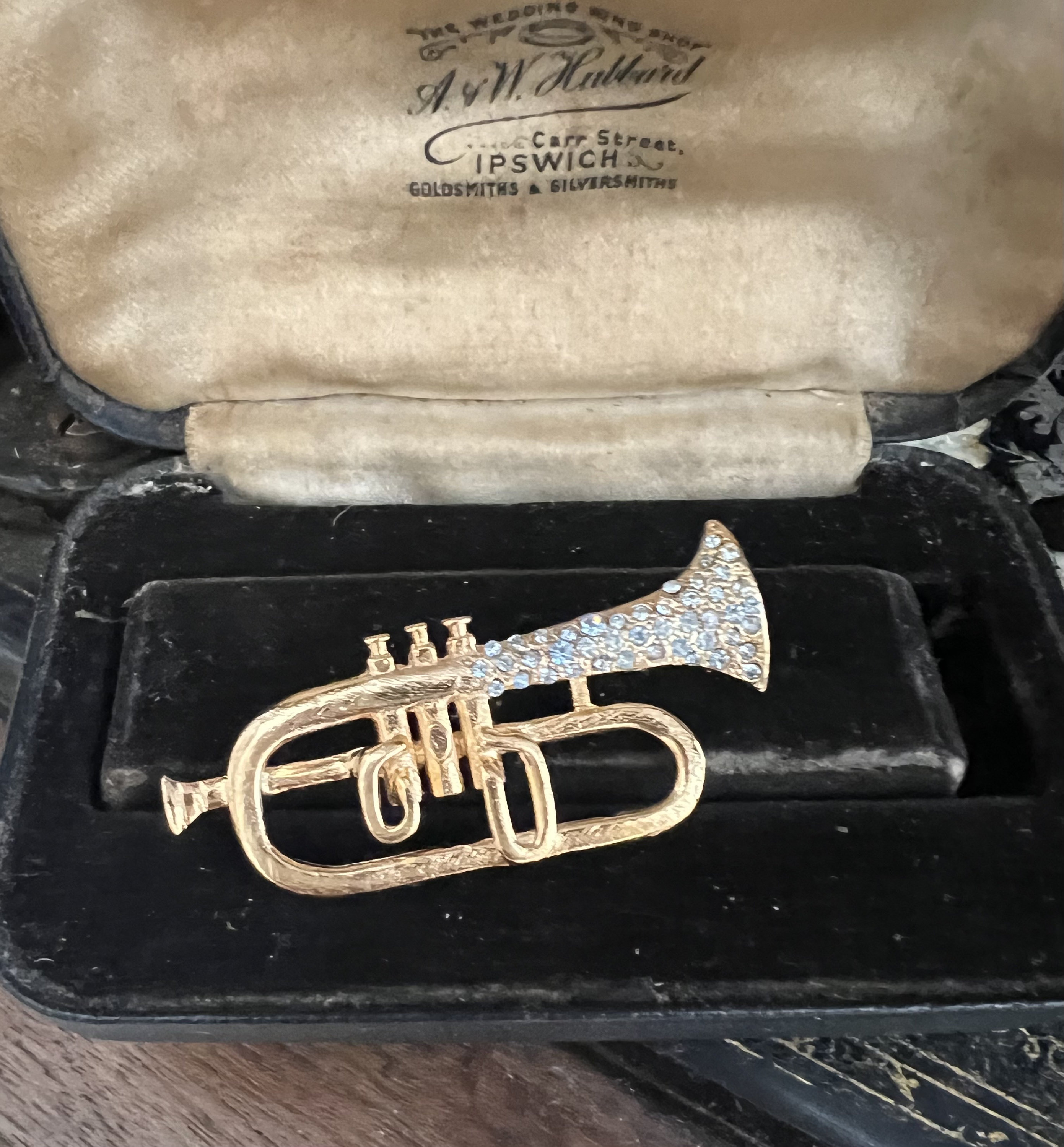 Trumpet Brooch Badge Gold Plated With Light Sapphire Crystals - Vintage ...