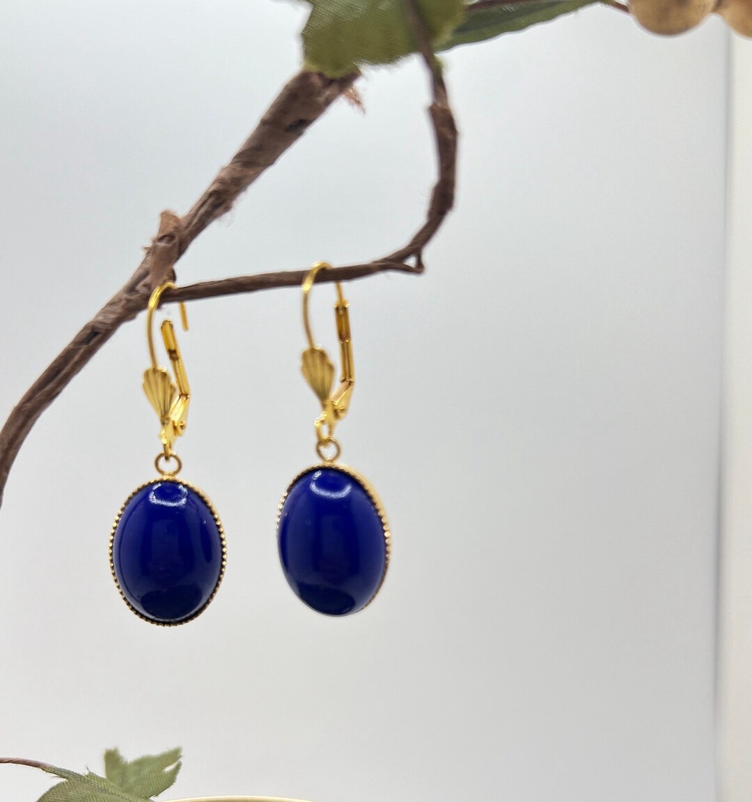 Vintage Royal Blue Oval Dangle Earrings, Gold Plated - Etsy