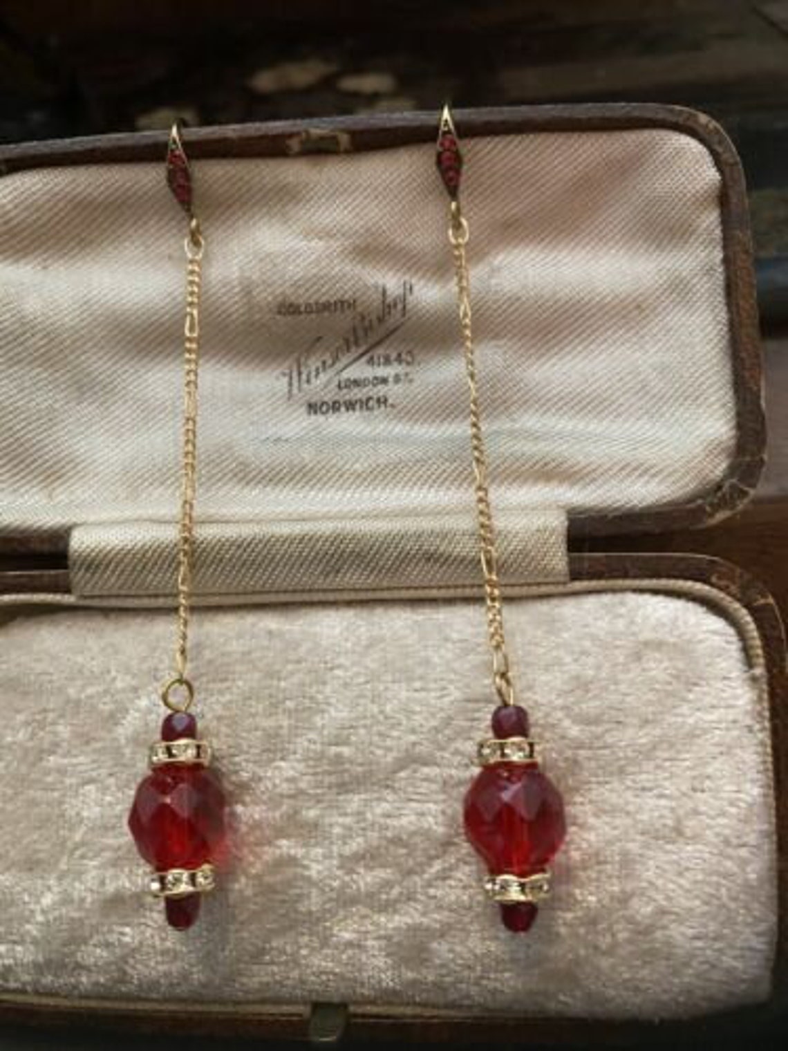 Vintage Gold Ruby Red and Crystal Long Drop Pierced Earrings. - Etsy UK