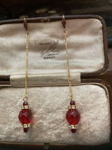 Vintage Gold Ruby Red and Crystal Long Drop Pierced Earrings. - Etsy UK