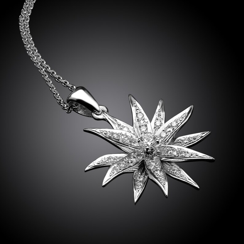 1/4 Carat Diamond Sun Pendant Diamond Sun Motif Necklace in 18K White ...