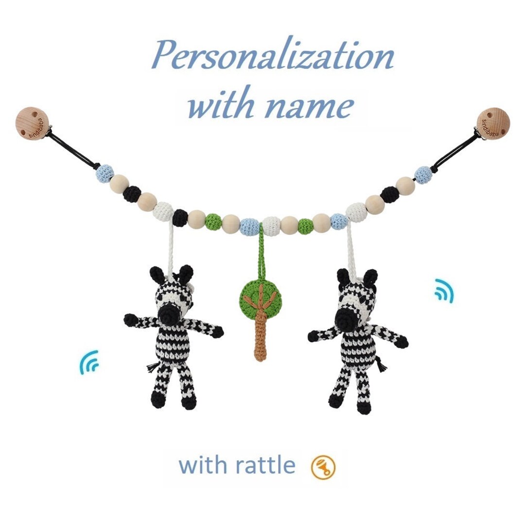 Organic Crochet Stroller Chain W/ Name, 2 Zebras and Tree (black and ...