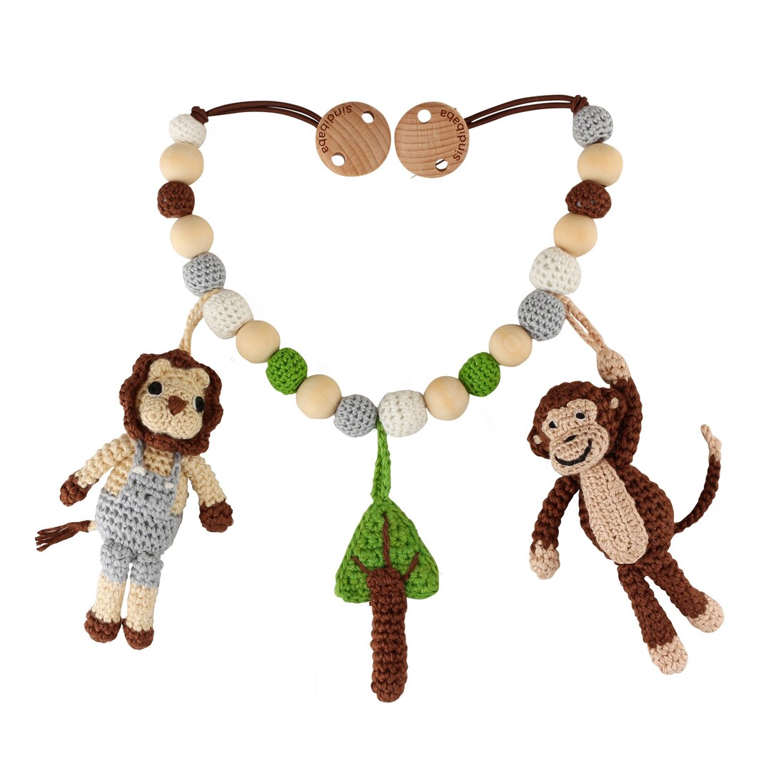 Stroller Chain, Monkeys (brown) & Lion, Crochet, Gift for Baby Birthday ...