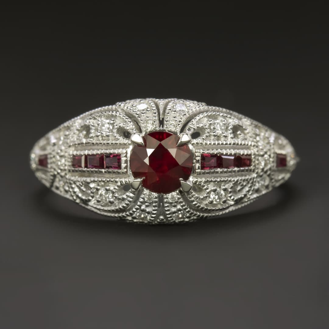 Vintage Style Ruby Diamond Cocktail Ring 14K White Gold Art Deco Dome Natural (MTO-20093-7669-RB ...