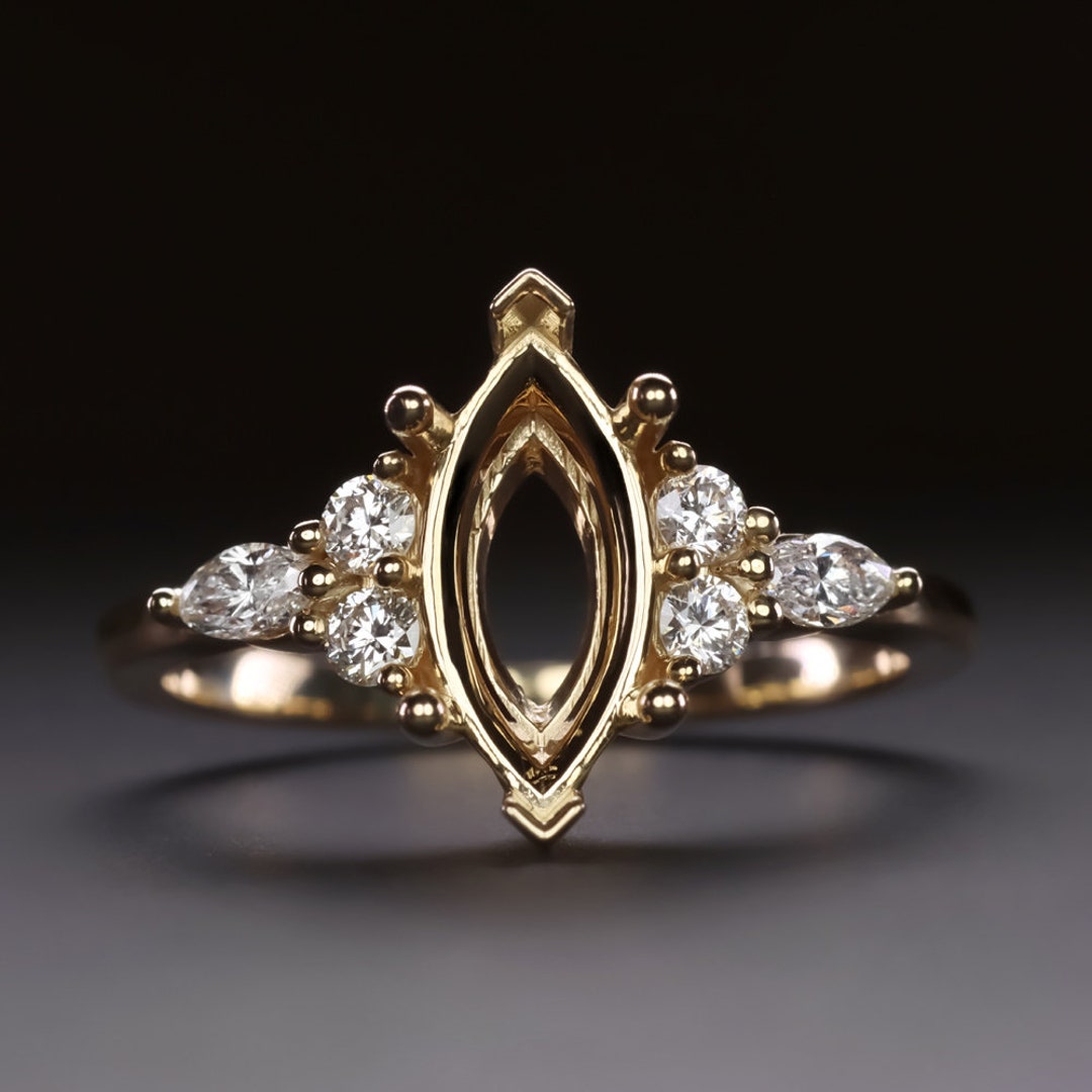 Marquise Shape Ring Setting Natural Diamond Cluster 14K Yellow Gold ...